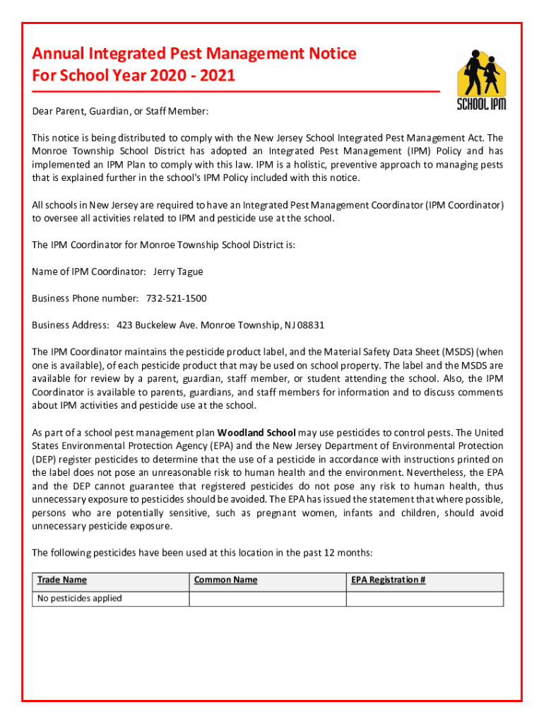 Fillable Online Annual Integrated Pest Management Notice For School ...