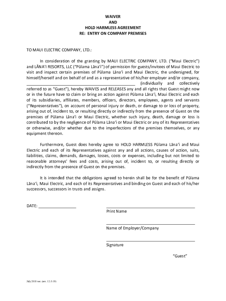 Fillable Online Waiver and Hold Harmless Agreement RE. Waiver and Hold ...
