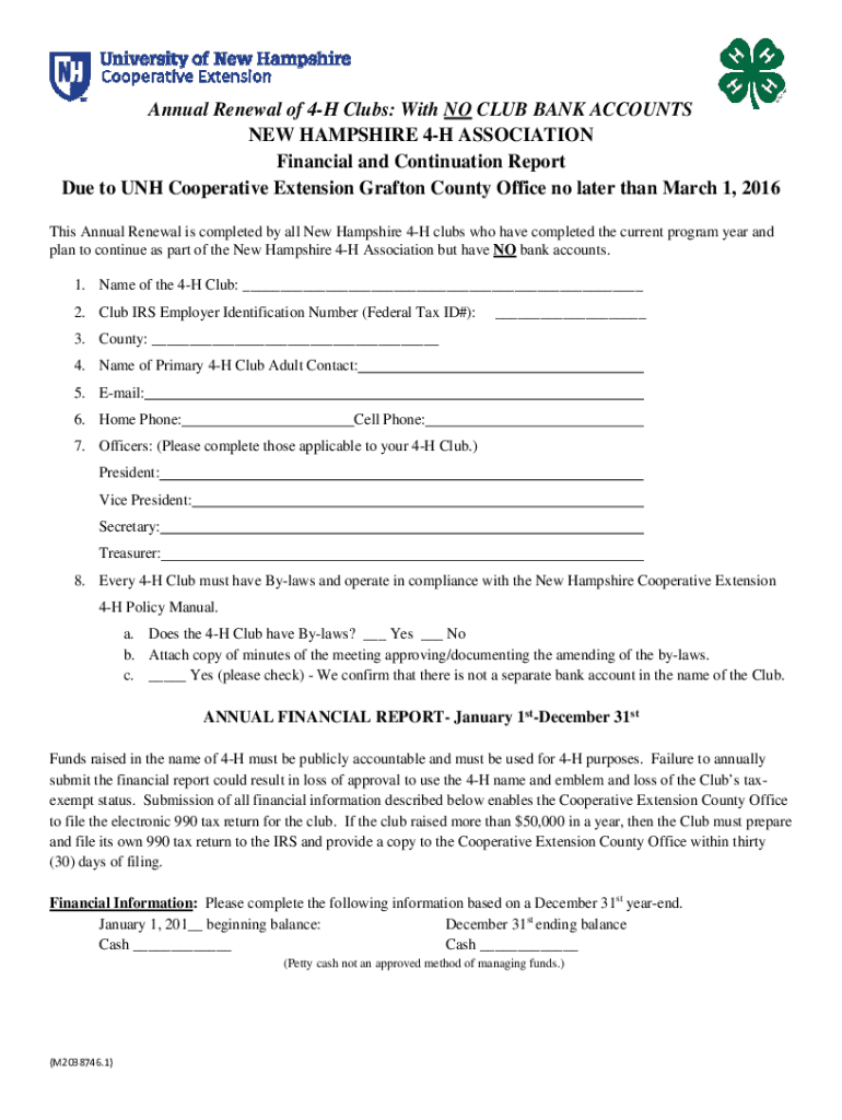 Fillable Online extension unh NH 4-H Association: Financial Reporting ...