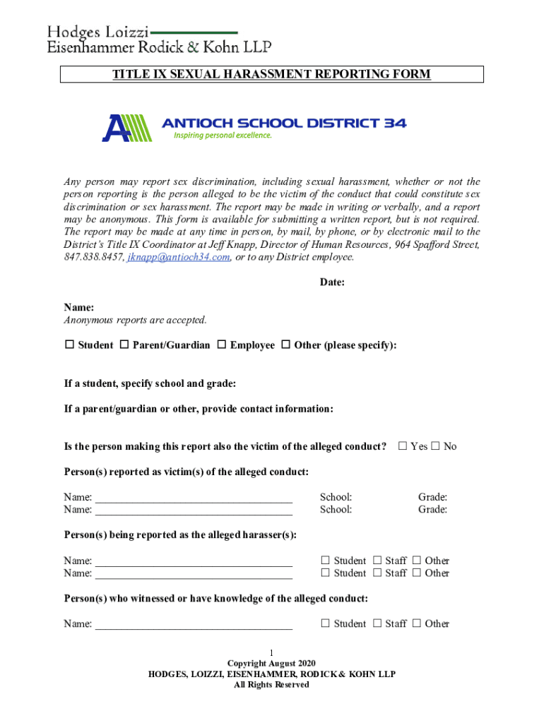 Fillable Online TITLE IX SEXUAL HARASSMENT REPORTING FORM Fax Email Print - pdfFiller