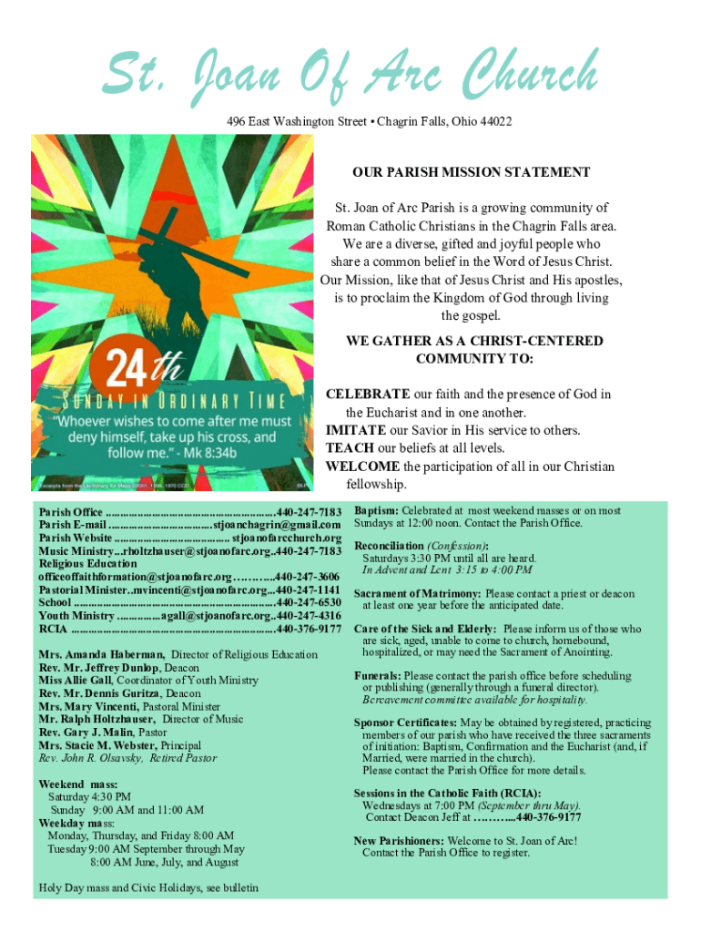 Fillable Online OUR PARISH MISSION STATEMENT St. Joan of Arc Parish is ...