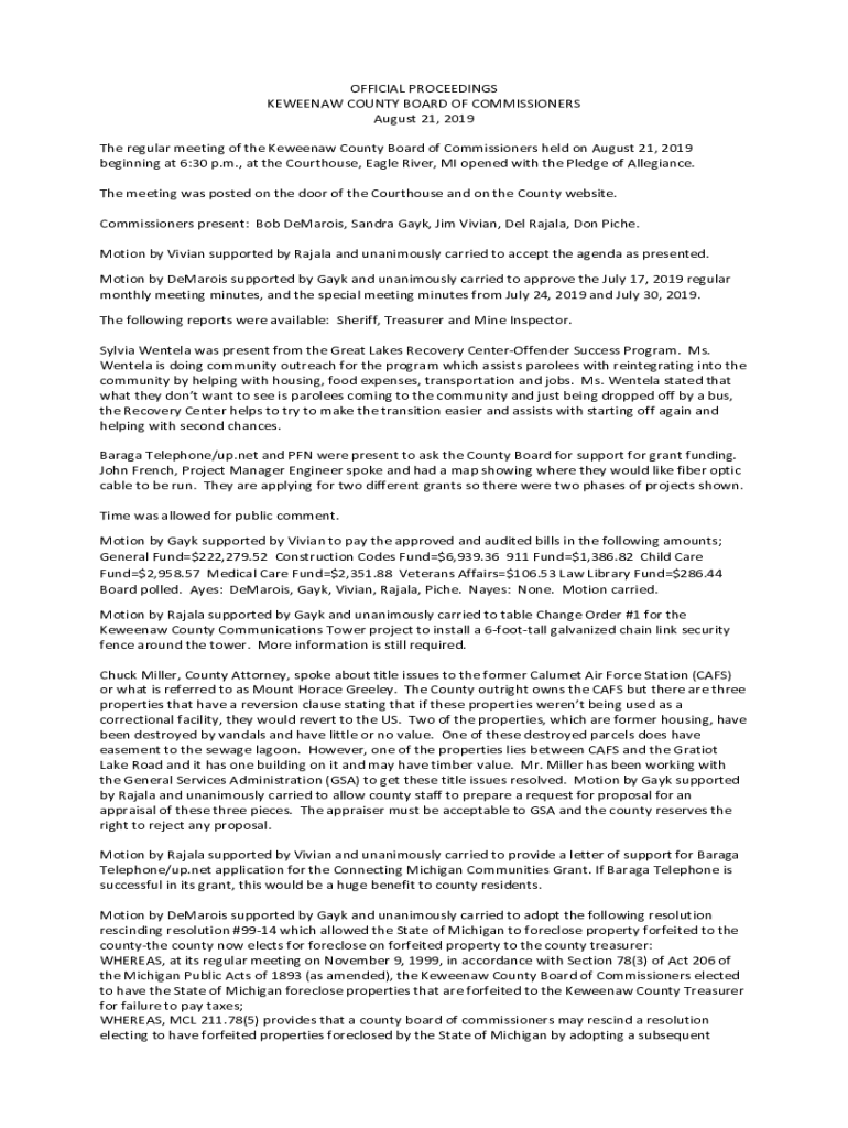 Fillable Online Commissioners present: Bob DeMarois, Sandra Gayk, Jim Vivian, Del Rajala, Don ...