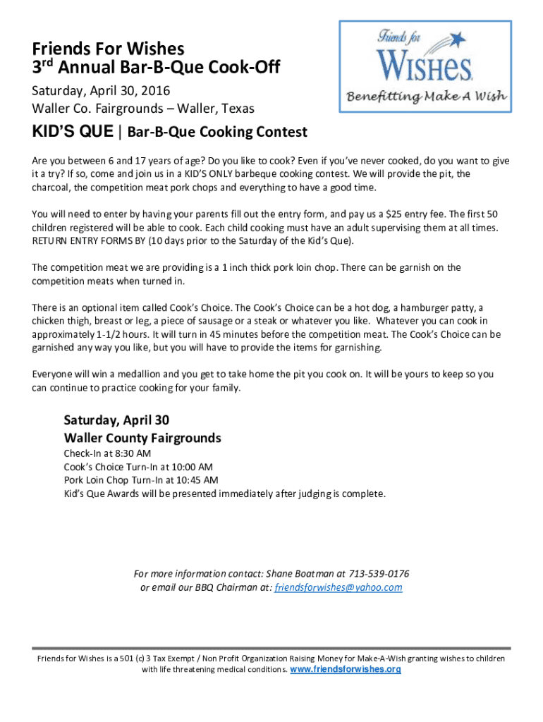 Fillable Online Friends For Wishes 3rd Annual Bar-B-Que Cook-Off Fax ...