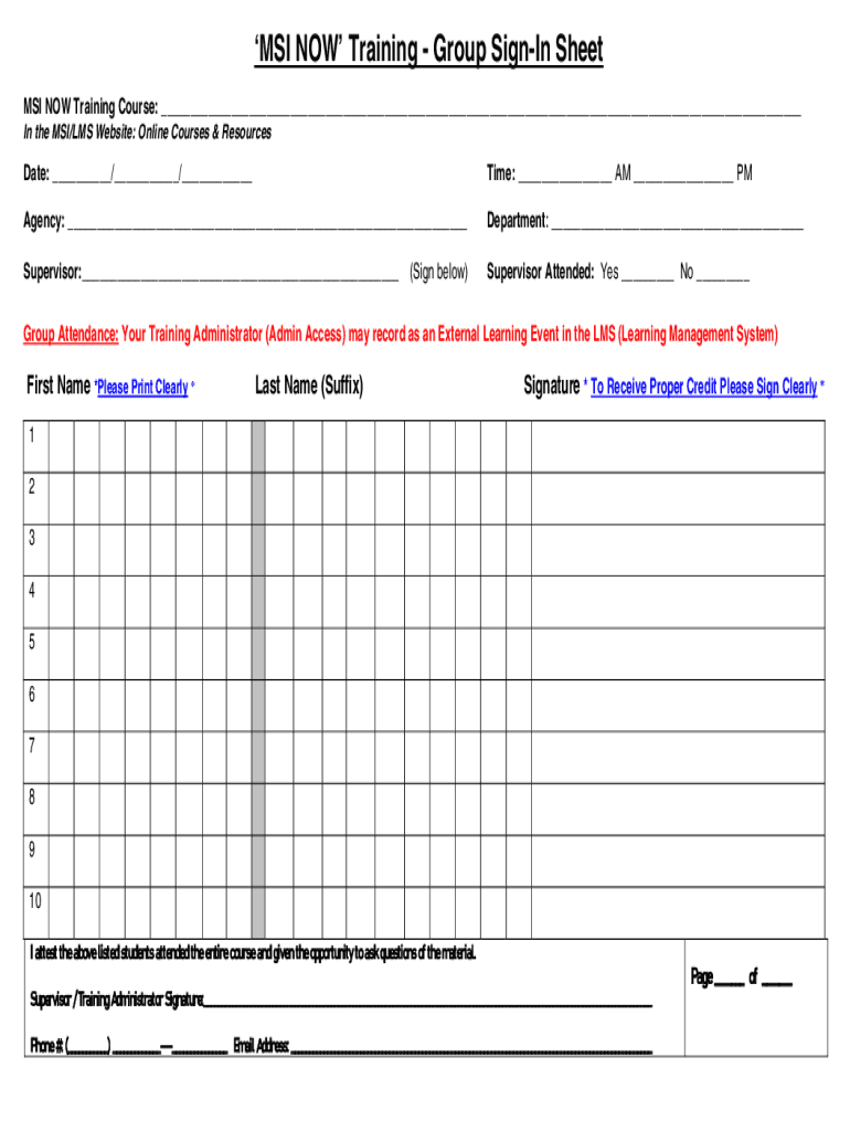 Fillable Online 'MSI NOW' Training - Group Sign-In Sheet Fax Email ...
