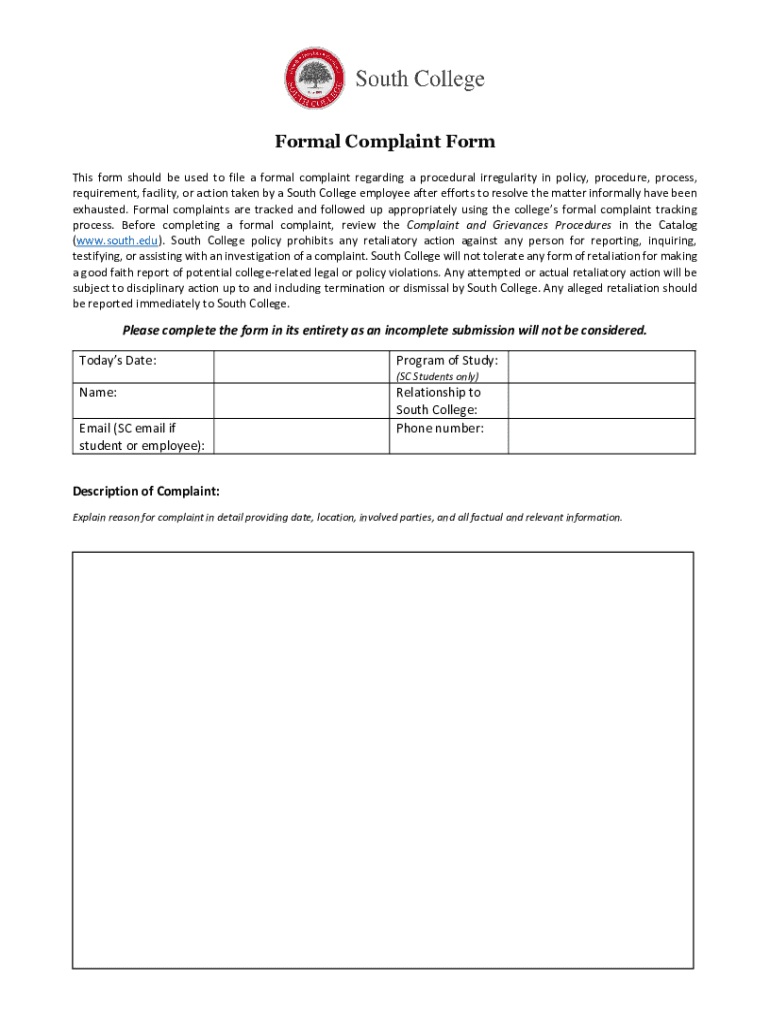 Fillable Online Formal Complaint Form South College Fax Email Print - pdfFiller