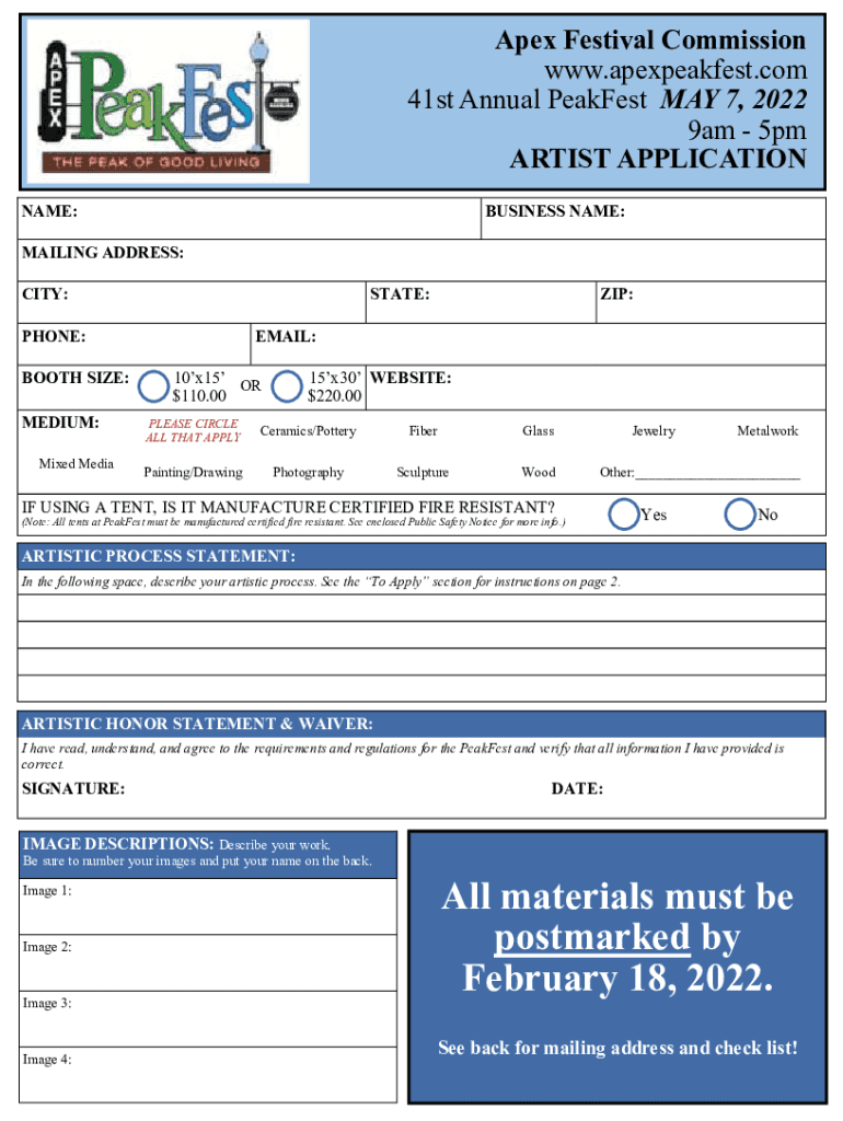 Fillable Online Apex PeakFest - The Apex Festival Commission's 41st ...