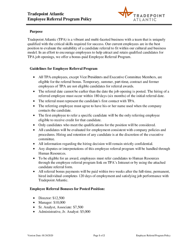 Fillable Online Tradepoint Atlantic Employee Referral Program Policy ...