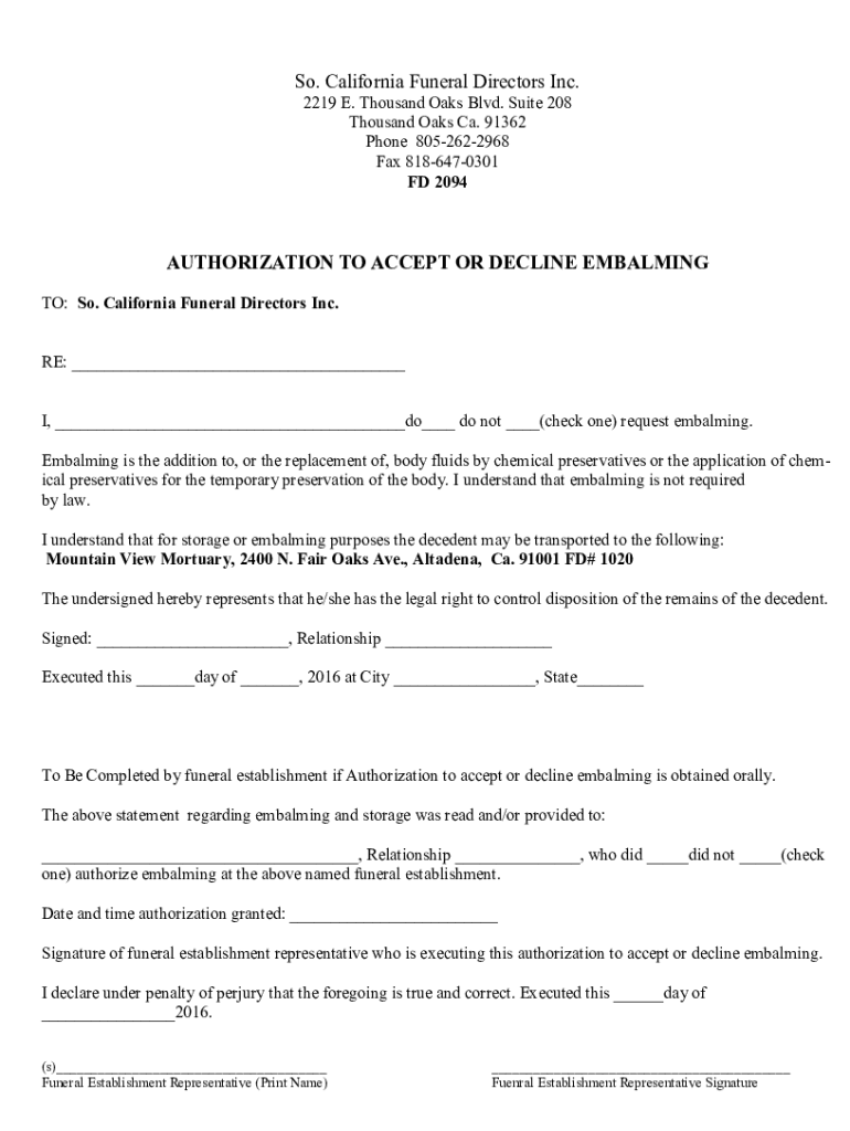 Fillable Online So. California Funeral Directors Inc. AUTHORIZATION TO ACCEPT ... Fax Email ...