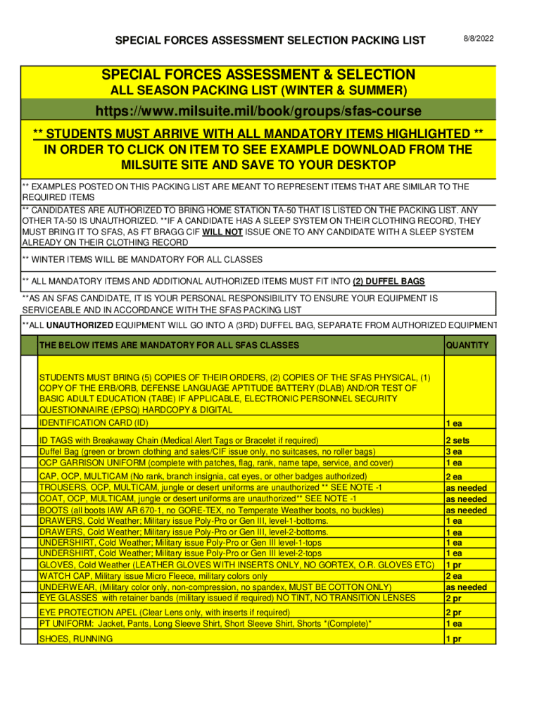 Fillable Online Special forces packing list: Fill out & sign online Fax ...