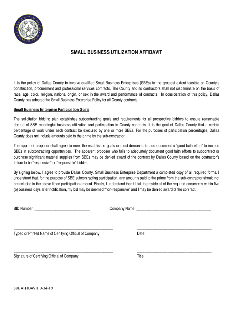 Fillable Online SMALL BUSINESS UTILIZATION AFFIDAVIT Fax Email Print ...