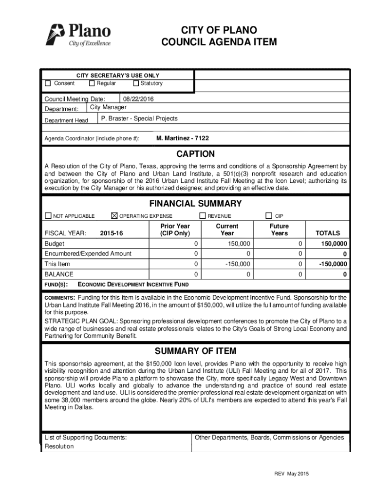 Fillable Online A Resolution of the City of Plano, Texas, approving the ...