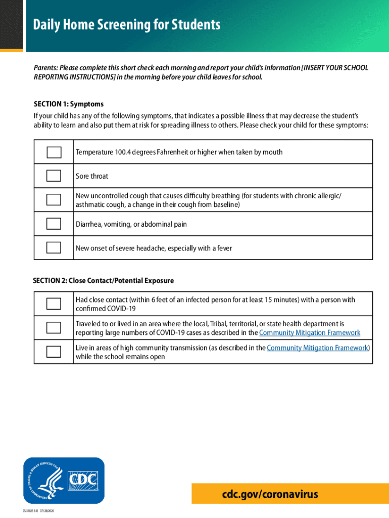 Fillable Online DCHHS COVID-19 Screening Tool for K-12 School Settings ...