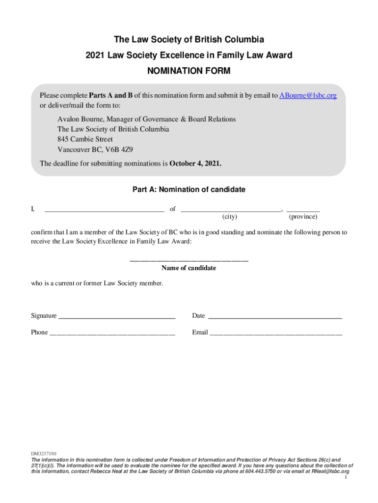 Fillable Online Excellence in Family Law Award - Nomination form Fax Email Print - pdfFiller
