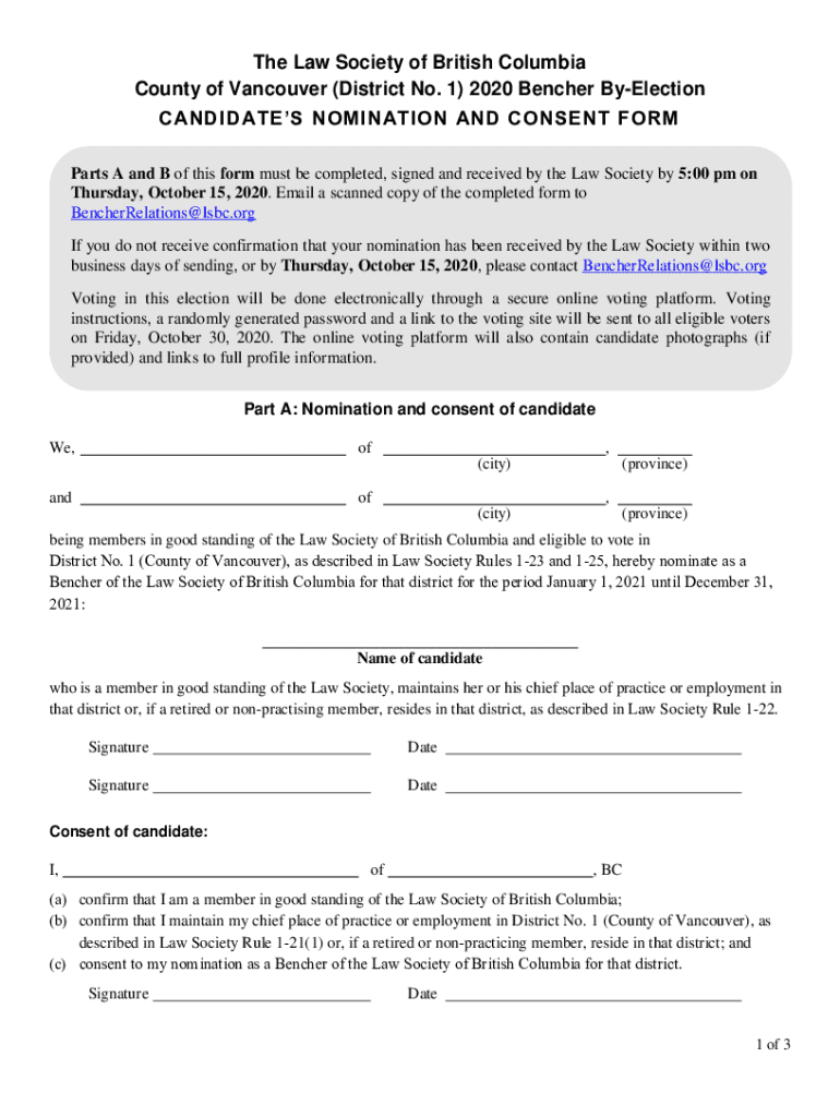 Fillable Online Law Society of BC, 2020 Bencher By-Election Nomination ...