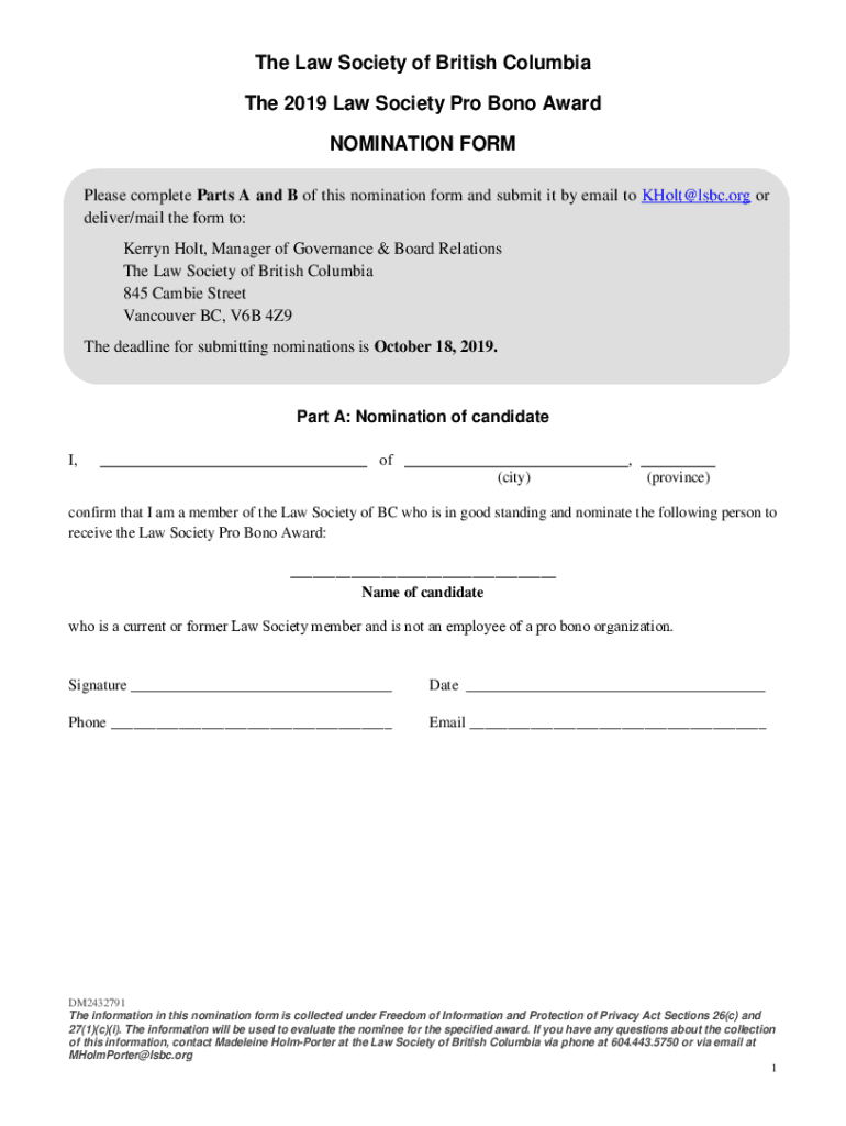 Fillable Online The 2019 Law Society Pro Bono Award NOMINATION FORM Fax ...