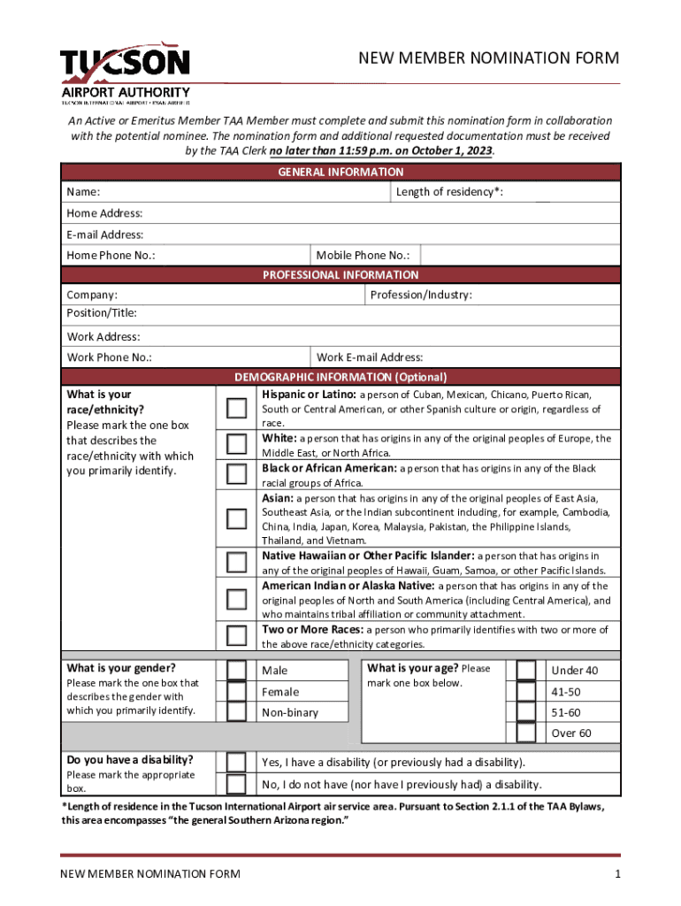 Fillable Online TAA New Member Nomination Form. TAA New Member ...