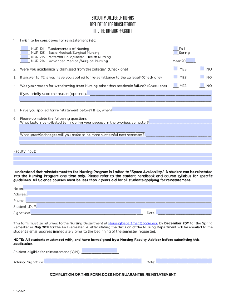 Fillable Online application for reinstatement into the nursing program ...