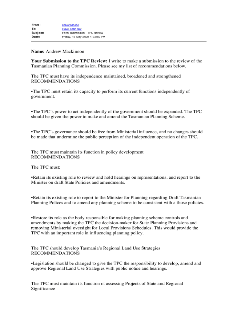 Fillable Online Andrew Mackinnon Your Submission to the TPC Review Fax ...