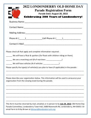 Fillable Online 2022 LONDONDERRY OLD HOME DAY Parade Registration Form ...