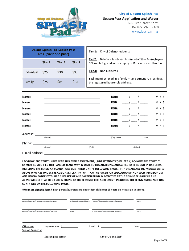 Fillable Online City of Delano Splash Pad Season Pass Application and ... Fax Email Print ...