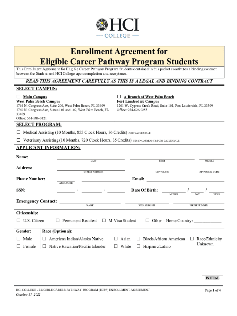 Fillable Online Enrollment Agreement for Eligible Career Pathway ... Fax Email Print - pdfFiller