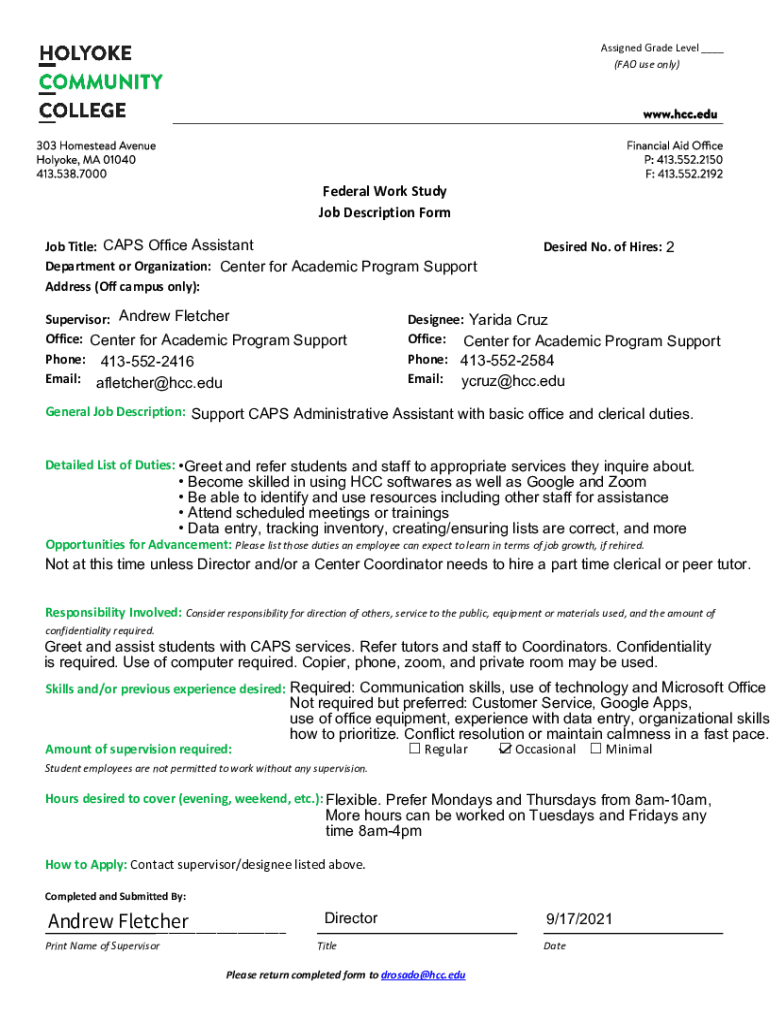 Fillable Online Financial Aid - UAS/Work Study Job Descriptions Fax ...