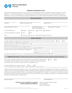 Fillable Online BCBSTX Student Certification Form. BCBSTX Student ...