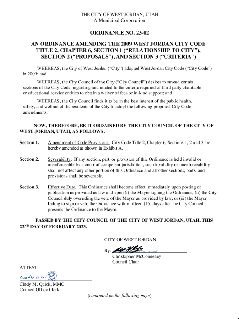 Fillable Online Ordinance No. 23-02 Amending Title ... - West Jordan - Utah.gov Fax Email Print ...
