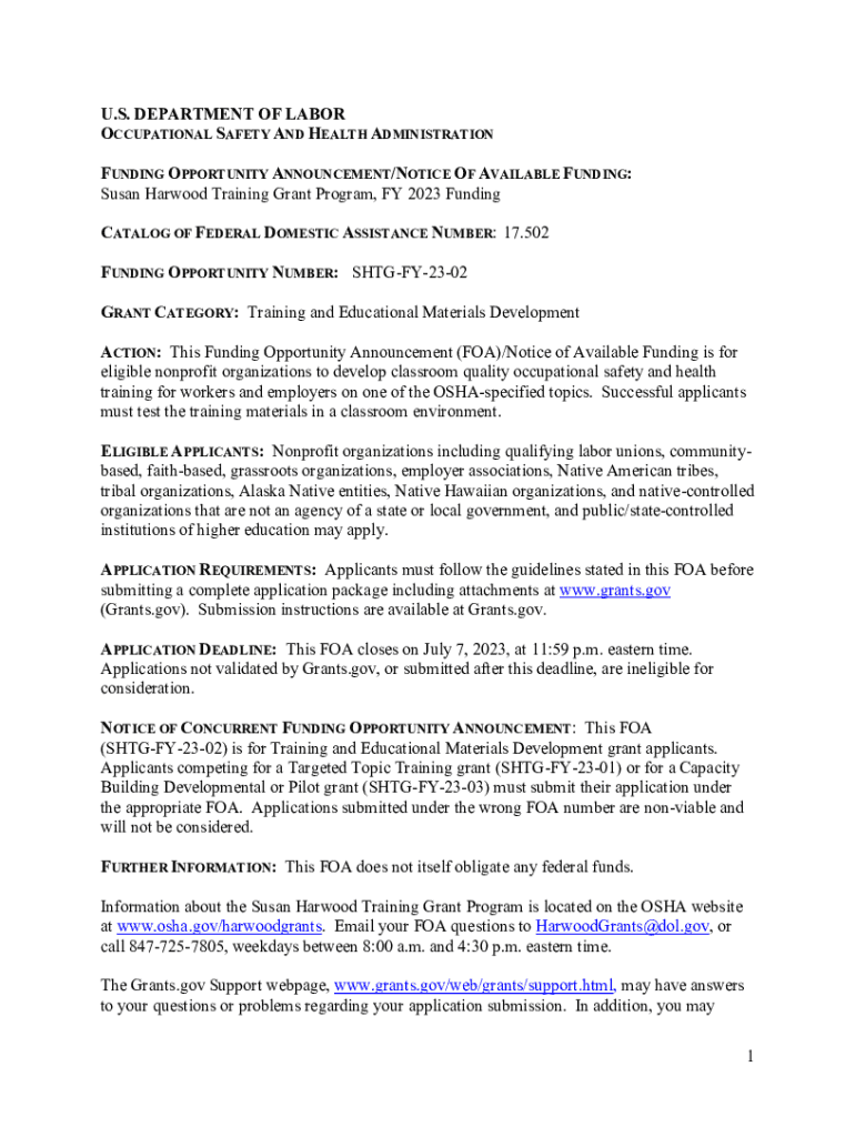 Fillable Online Susan Harwood Training Grant Program, Workplace Safety ...
