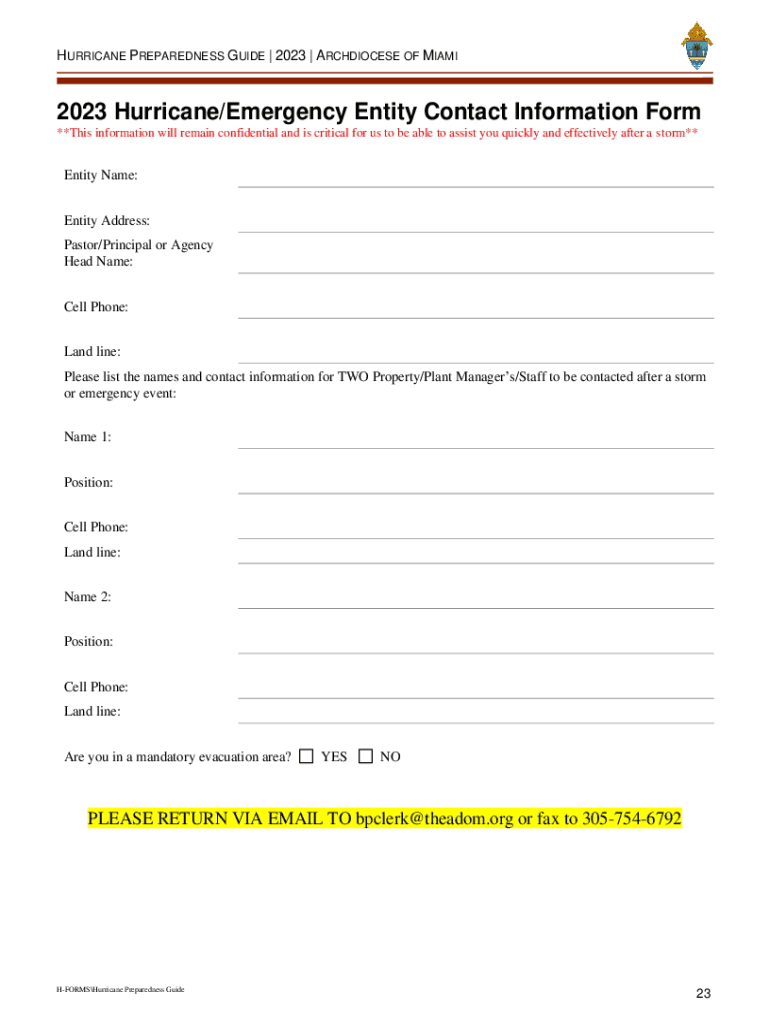 Fillable Online 2023 Hurricane/Emergency Entity Contact Information ...