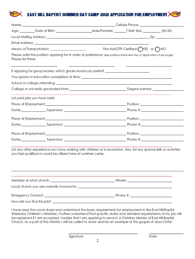 Fillable Online 2022-2023 Application for employment East Hill Baptist ...