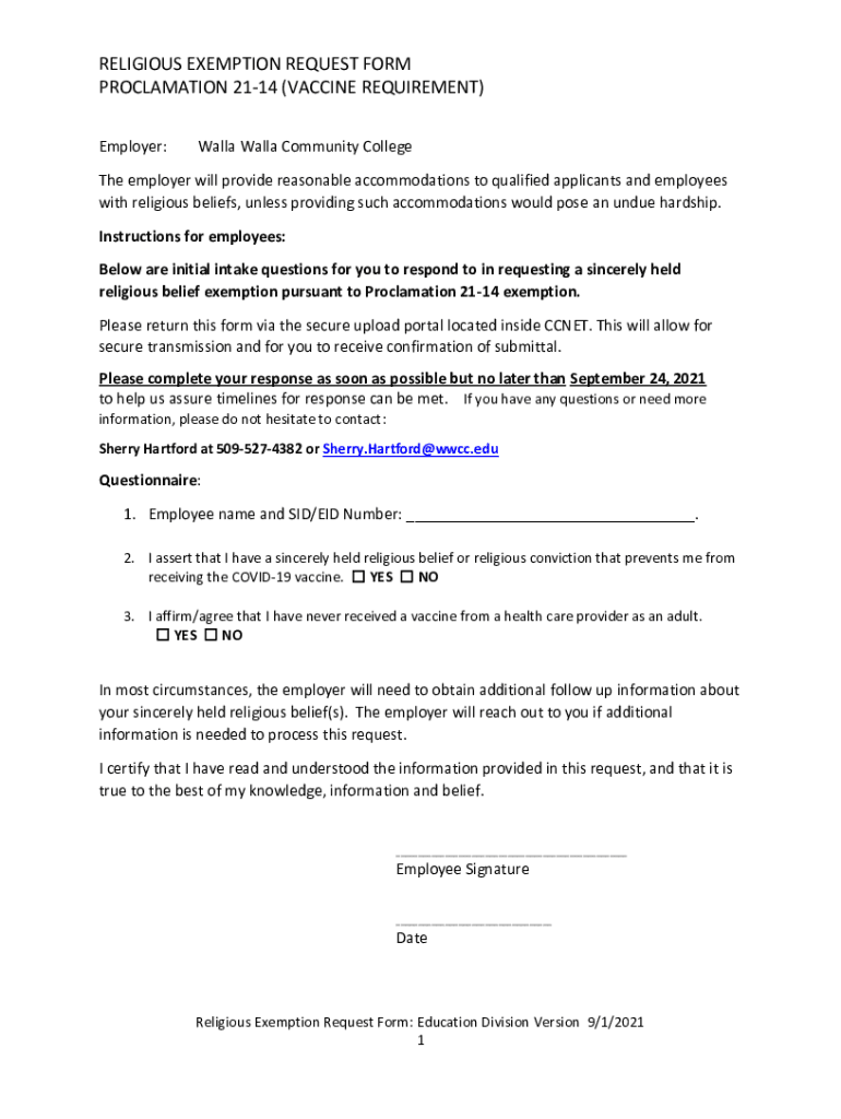 Fillable Online RELIGIOUS EXEMPTION REQUEST FORM ... Fax Email Print ...