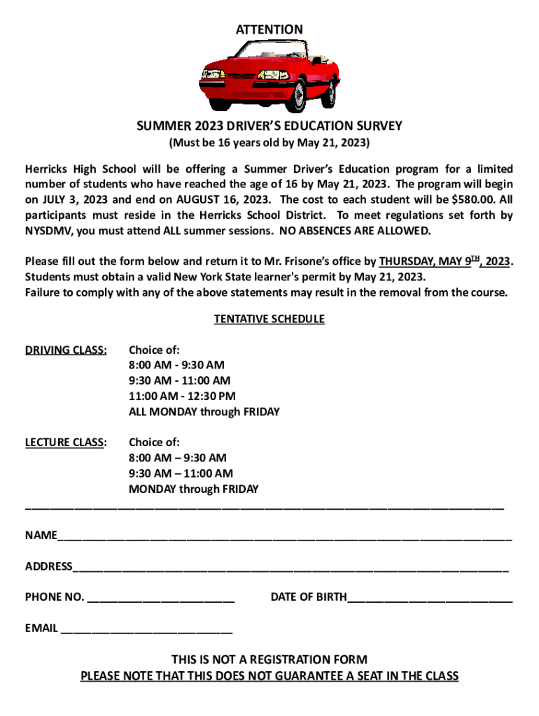 Fillable Online Summer Driver Education ClassHerriman High School Fax ...