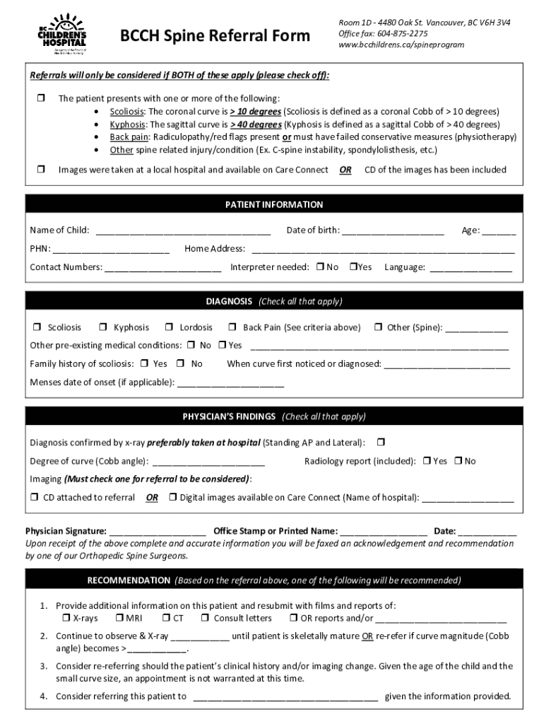 Fillable Online BCCH Spine Referral Form Fax Email Print - pdfFiller