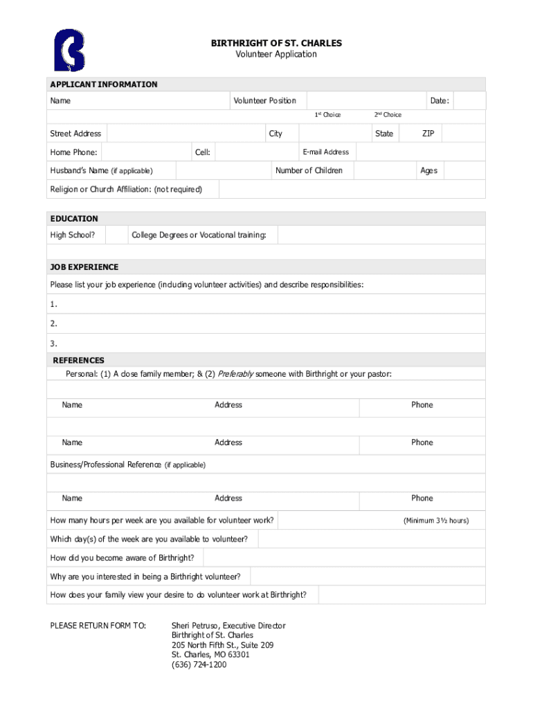 Fillable Online BIRTHRIGHT OF ST. CHARLES Volunteer Application Fax ...