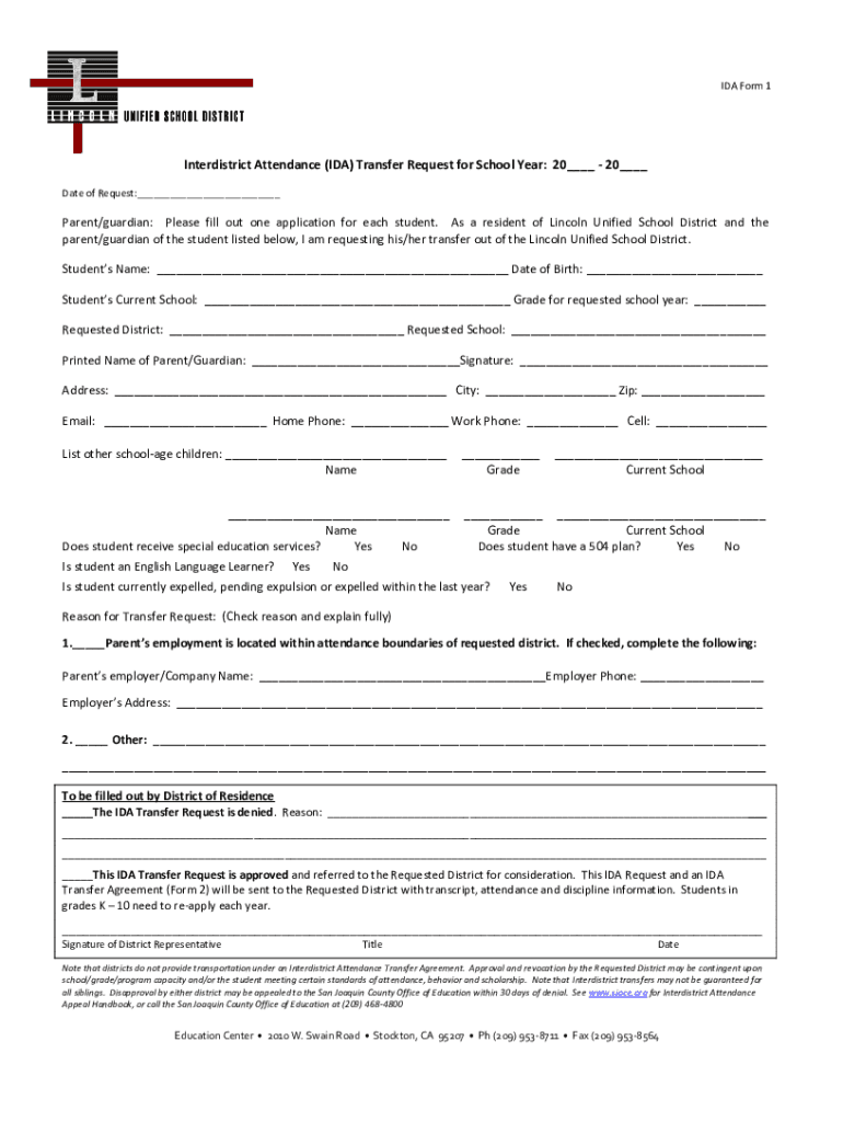 Completable En línea Interdistrict Attendance (IDA) Transfer Request ...