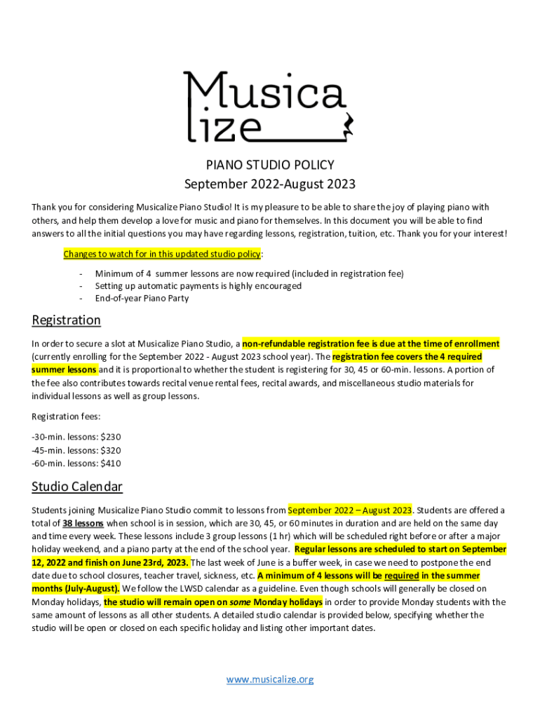 Fillable Online Studio Policy - Amy Work's Private Piano Studio Fax ...