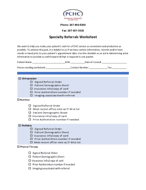 Fillable Online Specialty Referrals Worksheet Fax Email Print - pdfFiller