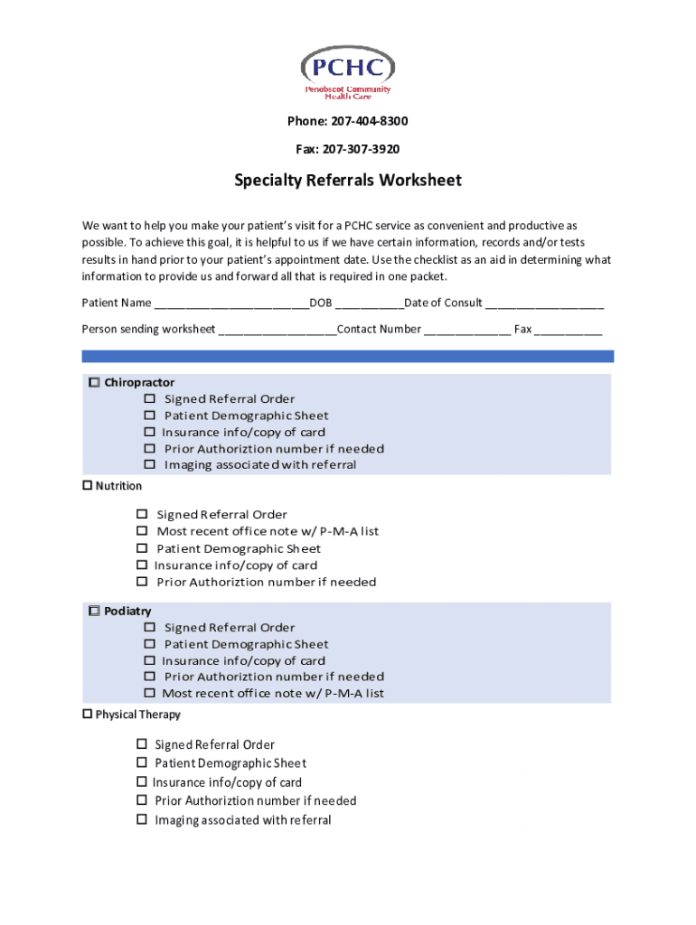Fillable Online Specialty Referrals Worksheet Fax Email Print - pdfFiller