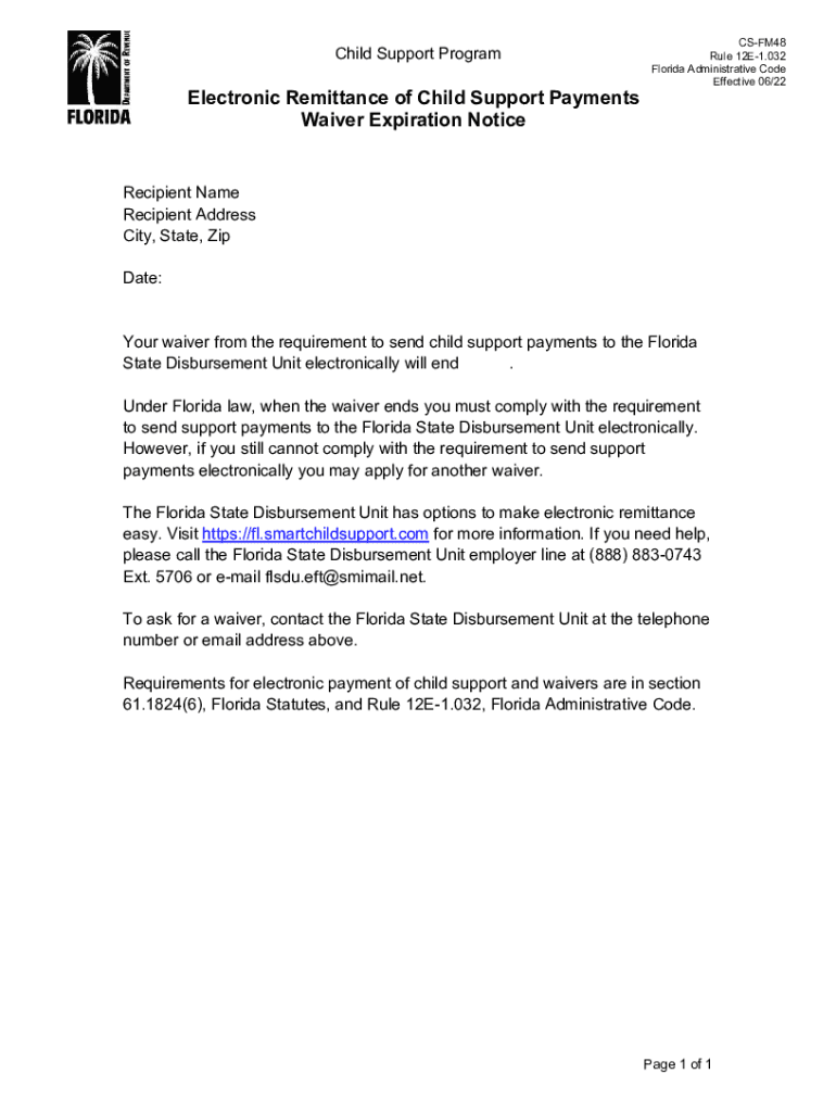 Fillable Online Electronic Remittance of Child Support Payments Waiver ...