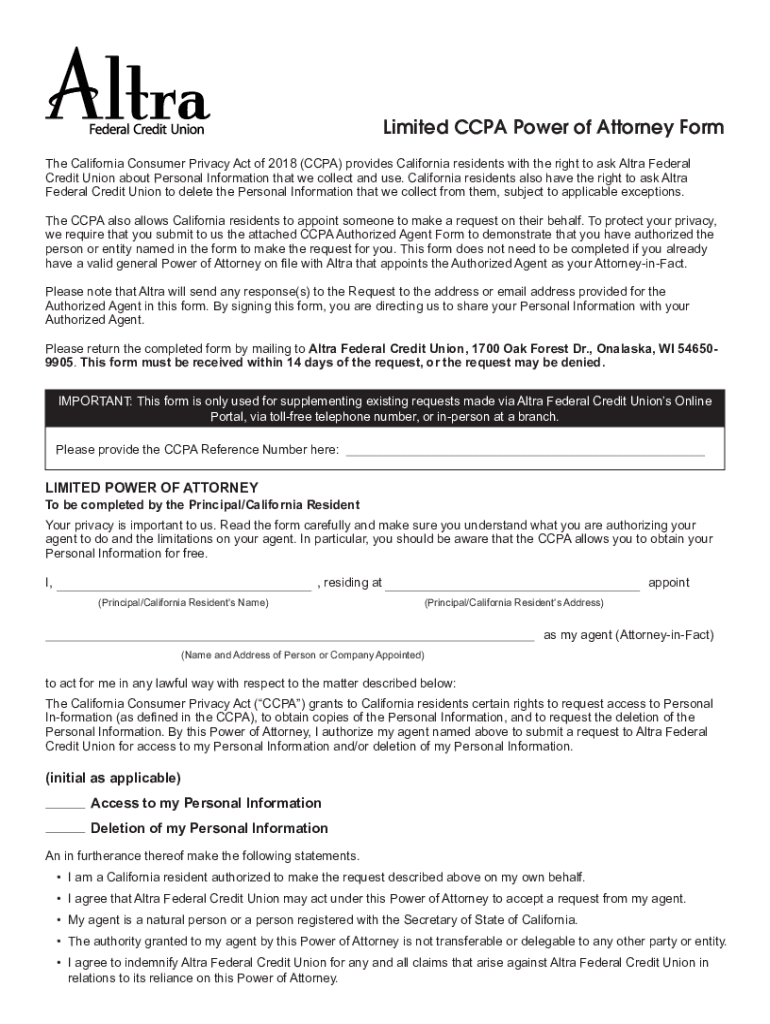 Fillable Online CCPA/CPRA Limited Power of Attorney Form - Instructions ...