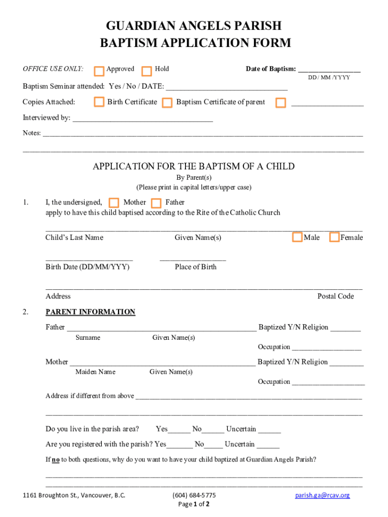 Fillable Online Baptism Information FormGuardian Angels Catholic Church ...