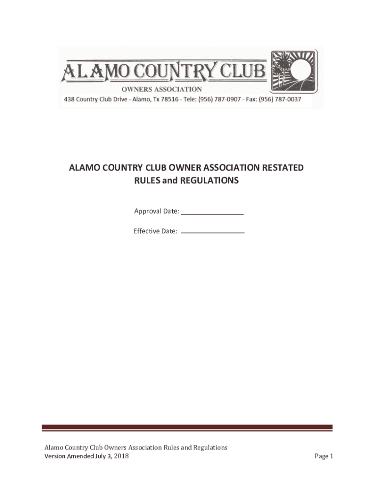 Fillable Online Alamo Country Club Owners Association Rules and ... Fax ...