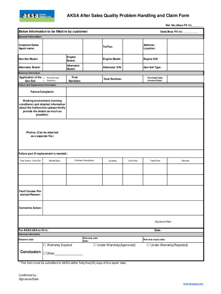 Fillable Online AKSA Warranty Claim E-Form -after sales quality problem ...