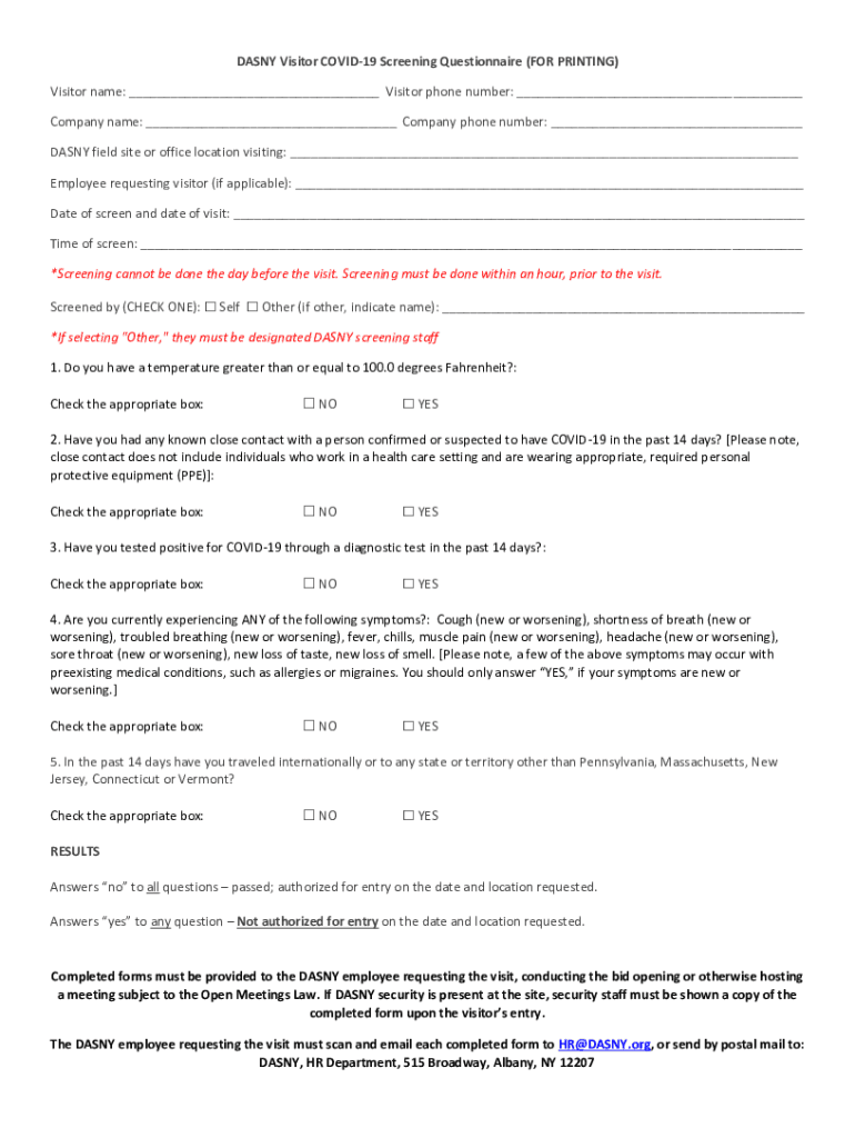 Fillable Online DASNY Visitor COVID-19 Screening Questionnaire (FOR ...