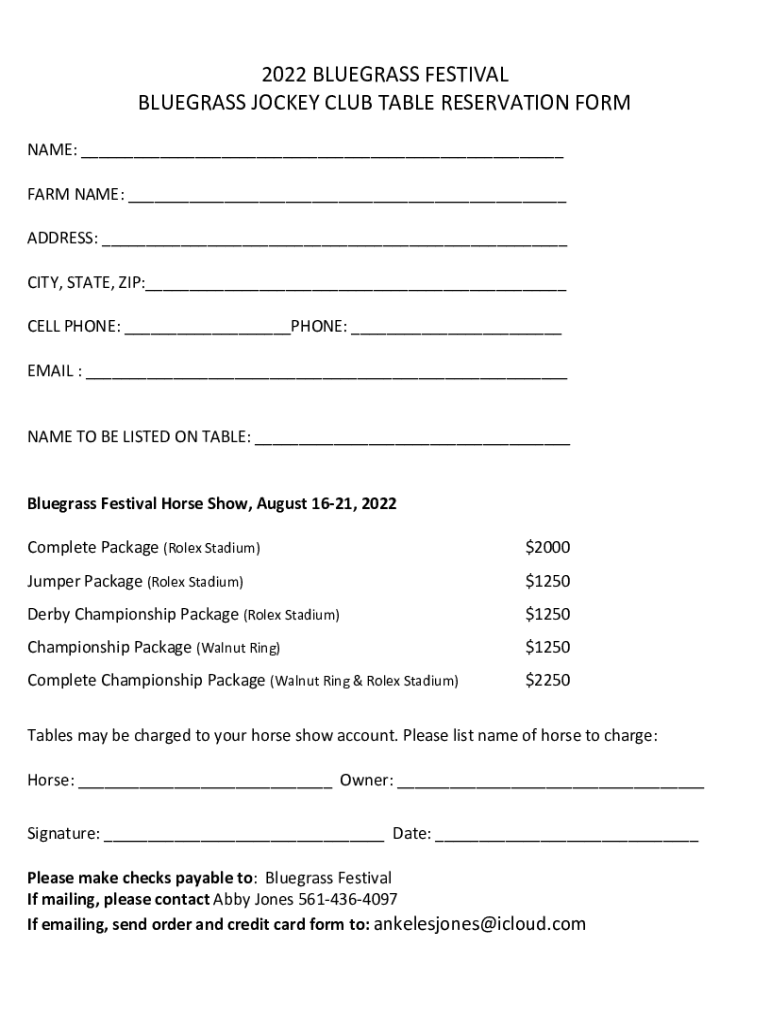 Fillable Online BLUEGRASS JOCKEY CLUB VIP Spectator Tables Fax Email Print - pdfFiller