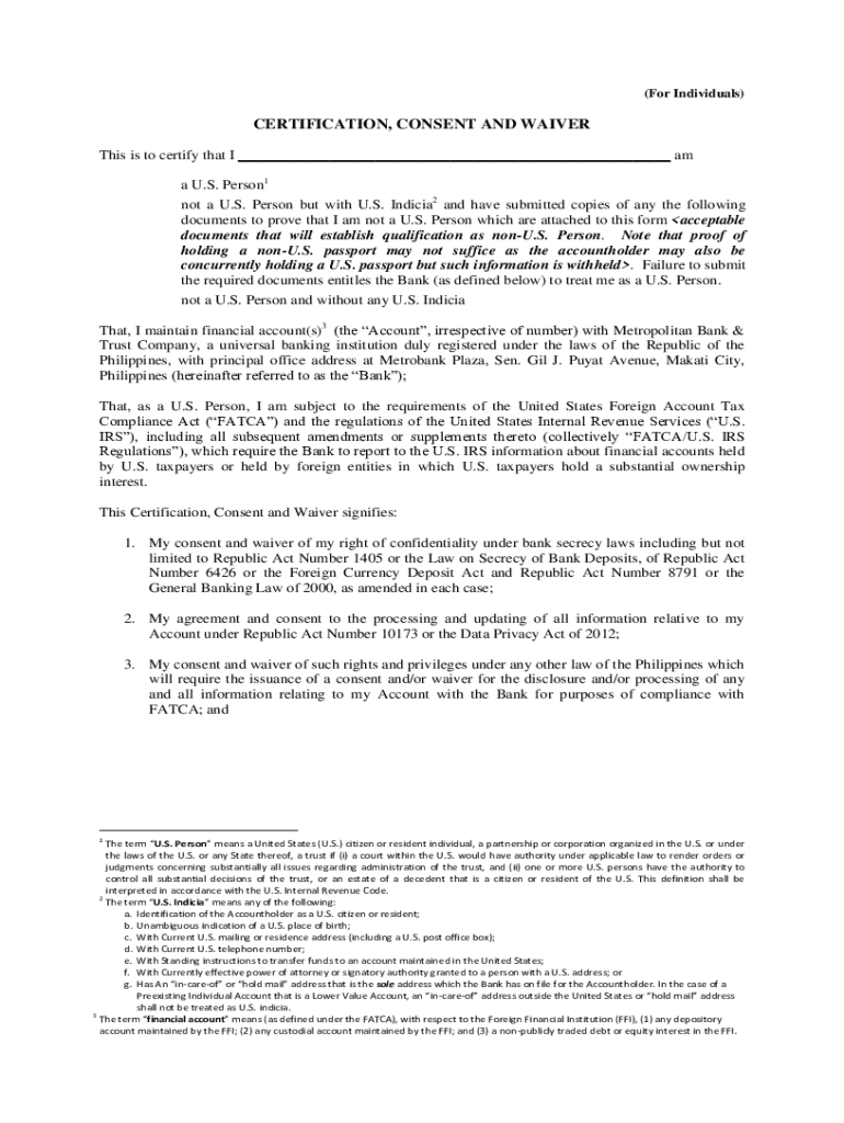 Fillable Online FATCA - Certification Consent and Waiver - FATCA ...