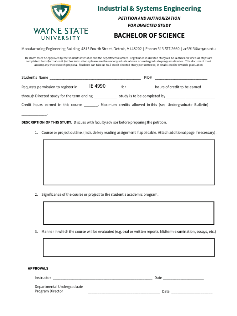 Fillable Online engineering wayne Petition and Authorization for Directed Study Fax Email Print ...