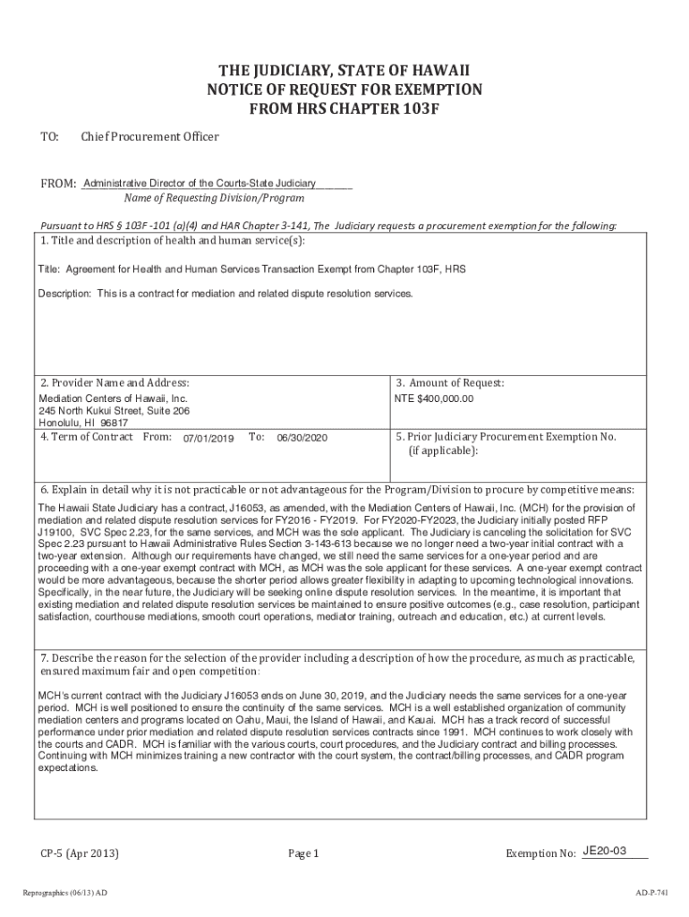 Fillable Online Notice of Request for Exemption from HRS Chapter 103F ...