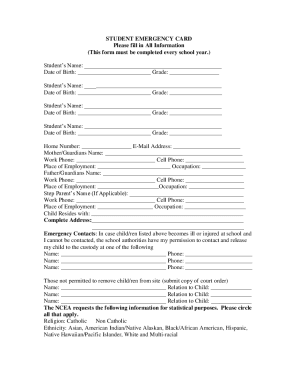 Fillable Online STUDENT EMERGENCY CARD Fax Email Print - pdfFiller
